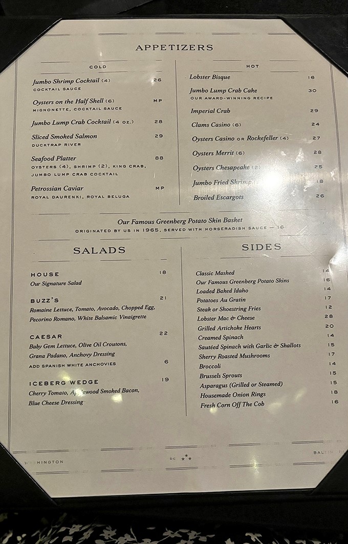 This menu isn't just a list of food&mdash;it's a declaration of intent. When "Jumbo Lump Crab Cake" and "Famous Greenberg Potato Skins" share the same page, decisions become deliciously difficult.