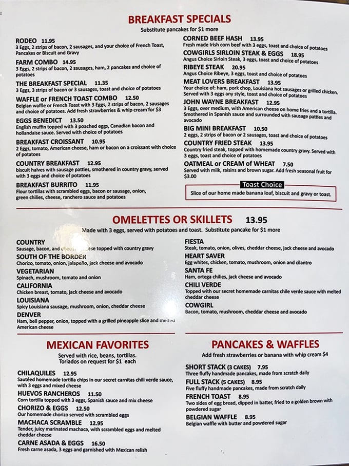 The breakfast menu reads like a love letter to morning comfort food, with the Country Fried Steak Breakfast stealing the spotlight.