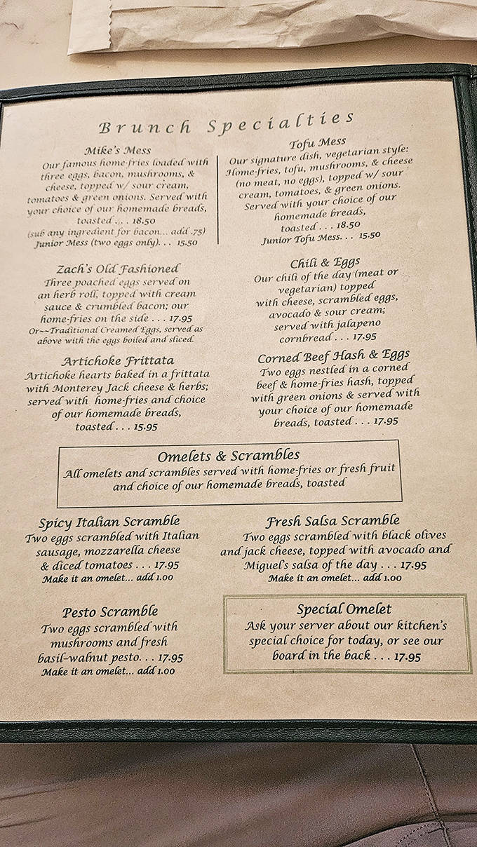 A menu that reads like poetry to hungry souls&mdash;Mike's Mess and Tofu Mess sitting side by side, proving breakfast democracy is alive and well.