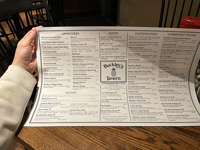 The menu reads like a love letter to American tavern cuisine, with the famous crab cakes rightfully claiming their spotlight.