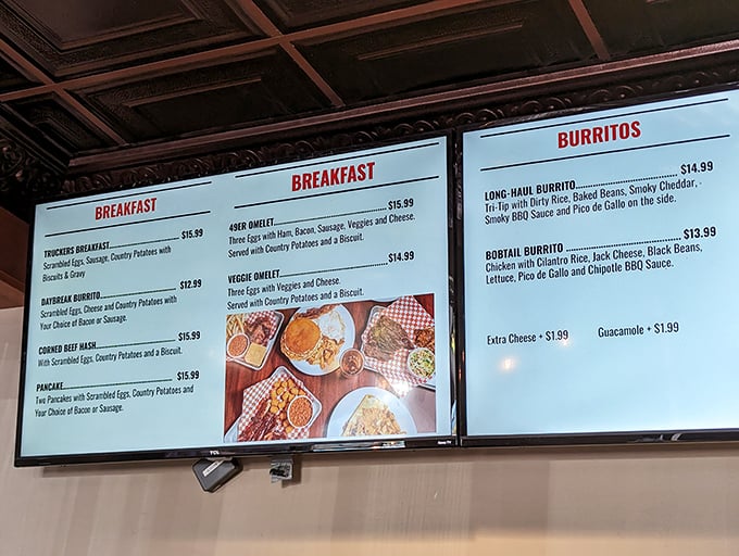 The menu board showcases breakfast champions like the hearty 49er Omelet and Long Haul Burrito&mdash;fuel for modern-day prospectors.