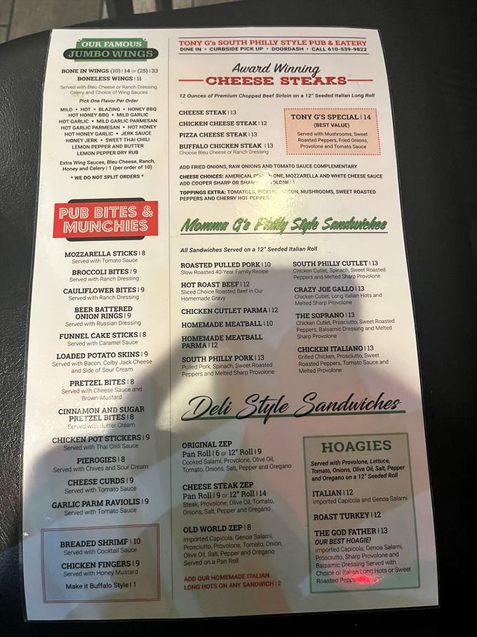 The menu reads like a love letter to Pennsylvania comfort food. Notice how "Award Winning" sits above the cheesesteaks? That's not marketing&mdash;that's truth in advertising.
