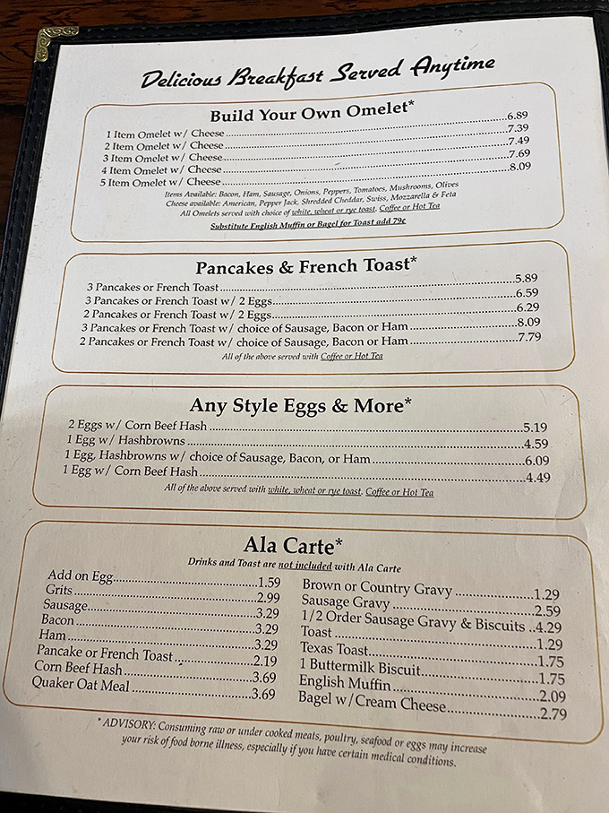 A menu where breakfast reigns supreme all day long&mdash;proof that civilization peaked when someone decided eggs and pancakes shouldn't have time restrictions.