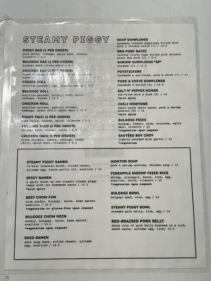 This menu reads like a love letter to Asian fusion cuisine. Warning: decision paralysis may occur when faced with this many tempting options.
