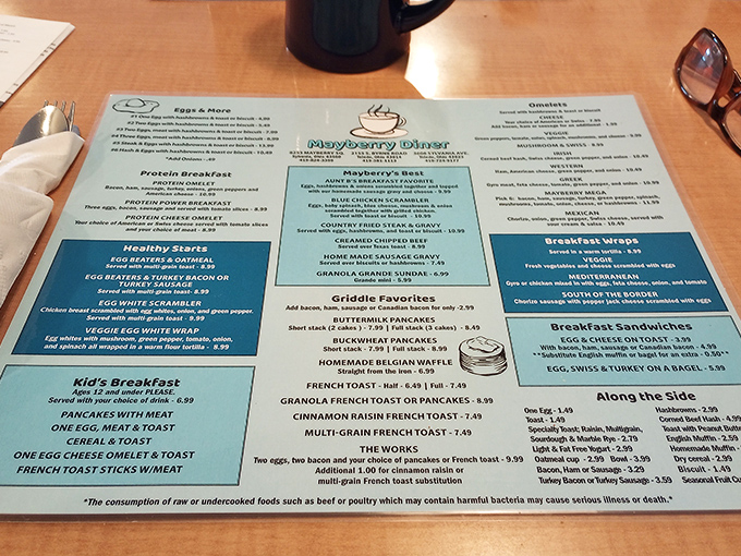 The menu reads like a love letter to breakfast classics, with "Griddle Favorites" stealing the spotlight like the headliner at a carb concert.