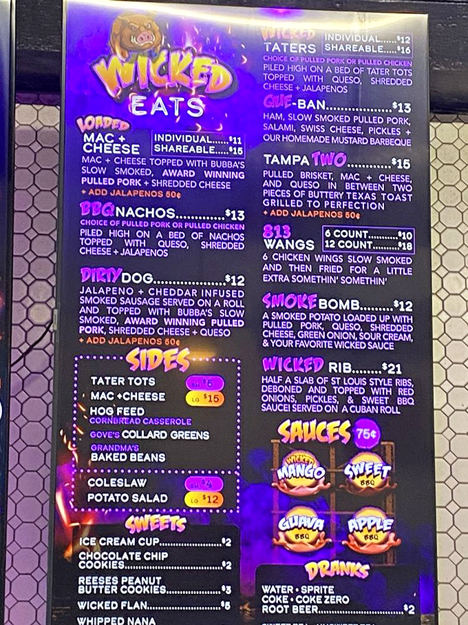 This isn't just a menu; it's a roadmap to happiness. The "Wicked Rib" and "Tampa Two" aren't just meals&mdash;they're experiences worth writing home about.