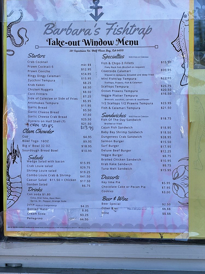 The menu reads like a greatest hits album of seafood classics, with the legendary fish and chips taking center stage.