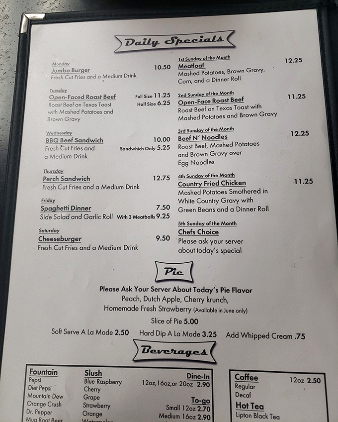 This menu isn't just food options—it's a weekly rhythm of life in Shelby. Tuesday's open-faced roast beef has probably prevented more crimes than the local police department.