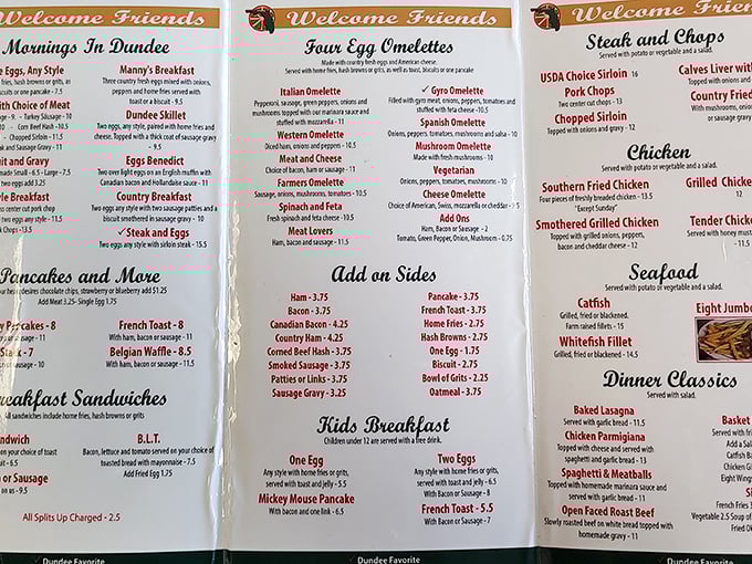 A menu that reads like comfort food poetry&mdash;where "Mickey Mouse Pancake" shares space with "Country Fried Steak" in perfect culinary harmony.