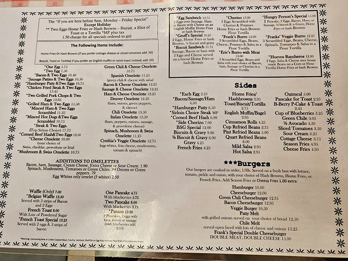 This extensive menu reads like a love letter to American breakfast traditions with southwestern flair.
