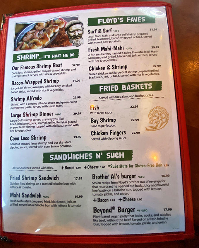 The menu reads like a love letter to shrimp, with preparations ranging from "Famous Shrimp Boat" to the intriguingly named "Brother Al's Burger" &ndash; revenge never tasted so good.