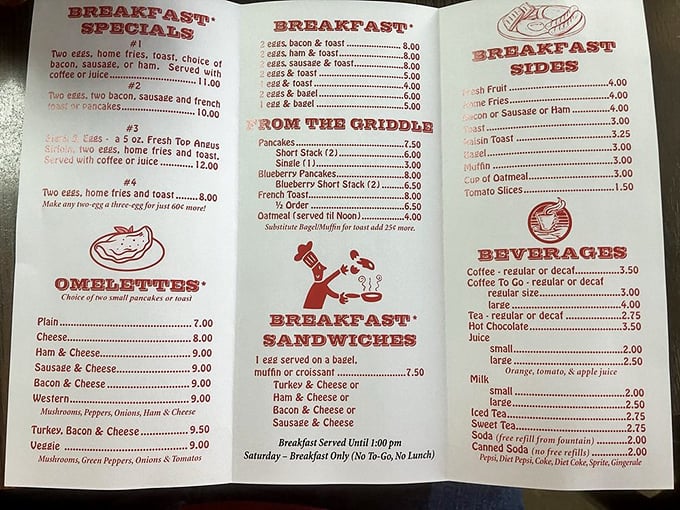 A menu that hasn't changed in decades because perfection needs no updates. Breakfast democracy at its finest.