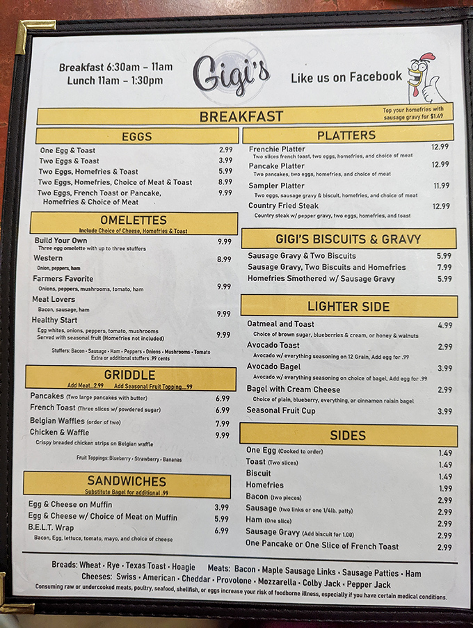 The menu at Gigi's reads like a love letter to breakfast classics. No molecular gastronomy here&mdash;just honest food that makes you feel instantly at home.