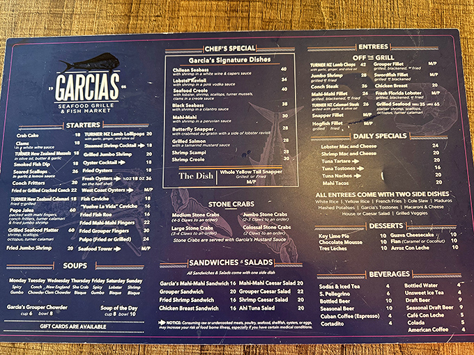 A menu that reads like love poetry to the ocean. Each dish promises a different way to fall head over fins for Florida's seafood bounty.