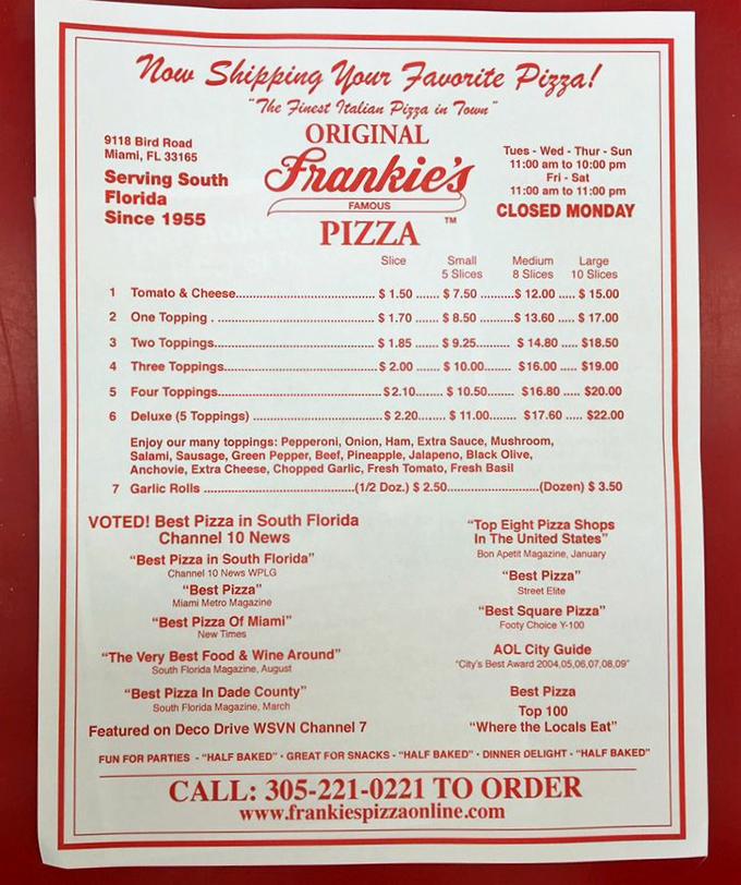 The menu reads like a love letter to pizza simplicity &ndash; no truffle oil or fancy ingredients, just the classics that have kept locals coming back since Eisenhower.