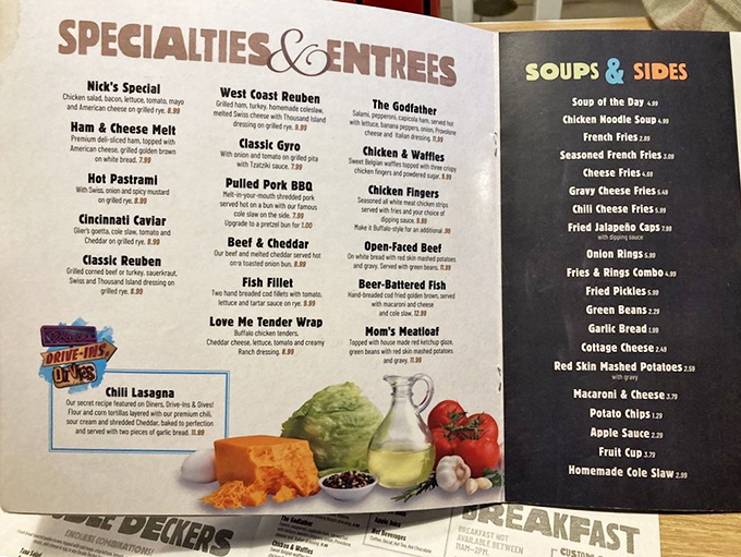 The menu reads like a love letter to comfort food, with Cincinnati chili playing the starring role in a supporting cast of diner classics.