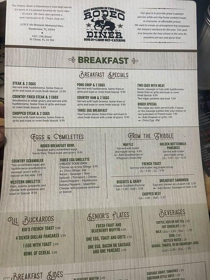 The breakfast menu reads like a love letter to morning classics. Notice "Country Fried Steak & 2 Eggs" calling your name?