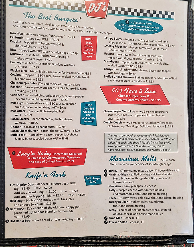 The menu reads like a love letter to American classics, with burger names that sound like they're straight out of an Archie comic book.