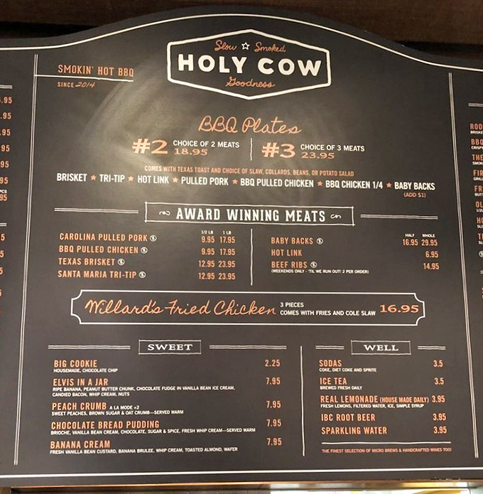 This menu board reads like a love letter to carnivores, with "award-winning meats" that actually earned their bragging rights.