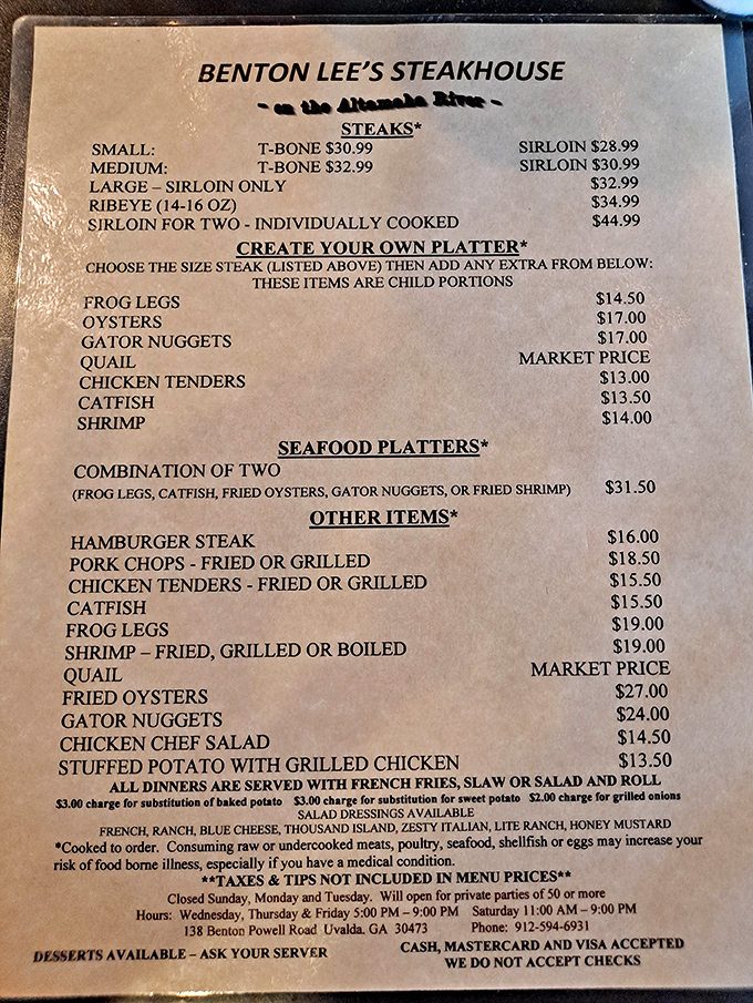 The menu reads like a love letter to meat lovers, with those legendary steaks taking center stage. Gator nuggets? Now we're talking adventure!