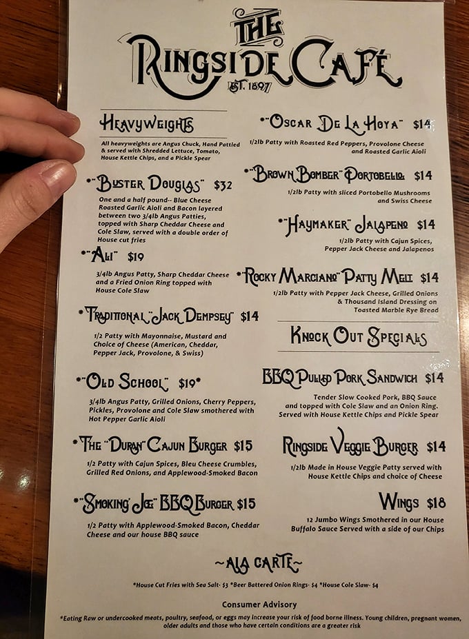 When boxers inspire your burger menu, you know you're in for a heavyweight experience. Each named creation promises a different flavor combination that'll knock you out.