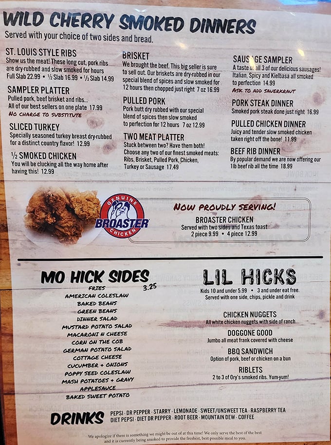 A menu that reads like barbecue poetry. Each description promises smoky delights that'll have you planning your next visit before finishing your first meal.