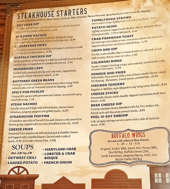 A menu that proves cowboys knew good eating, featuring everything from Maryland crab to perfectly seasoned steaks.