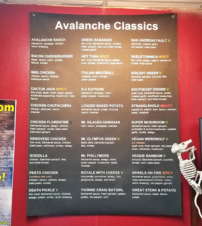 The menu board reads like a culinary adventure novel &ndash; each pizza name promising its own unique plot twist of flavors.