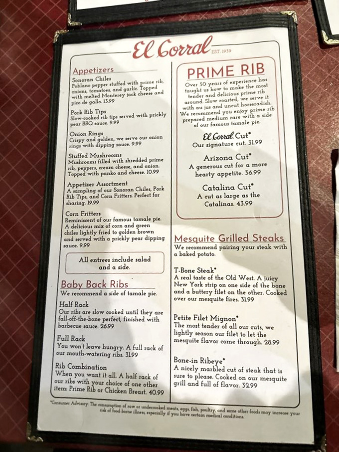 The menu reads like a love letter to carnivores, with prime rib taking center stage after "50 years of experience." Some textbooks are worth studying more than others.
