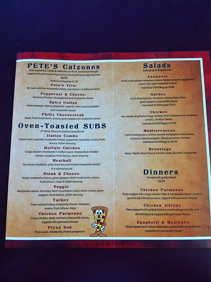The menu reveals Pete's impressive range, from classic calzones to specialty subs. That little cartoon mascot seems to say, "Trust me, I know what's delicious."