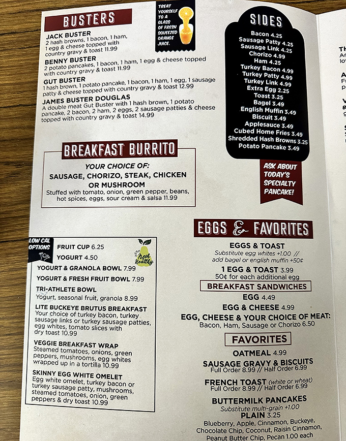 The menu reads like a love letter to morning indulgence. Those "Busters" aren't just breakfast combinations&mdash;they're challenges worth accepting.