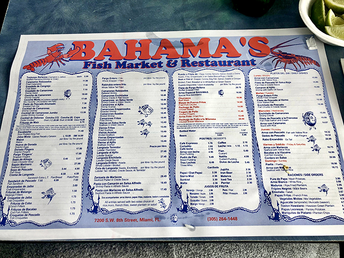 This menu is like a maritime treasure map, with X marking every delicious spot. The extensive seafood options might require multiple visits to fully explore.