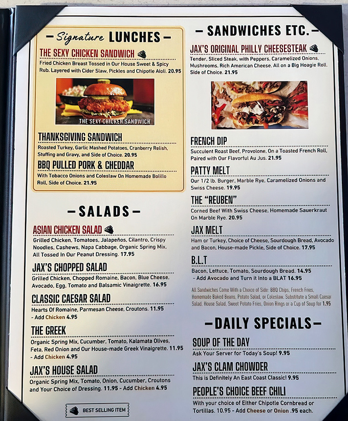 The menu reads like a love letter to comfort food classics, each item promising a delicious journey down memory lane.