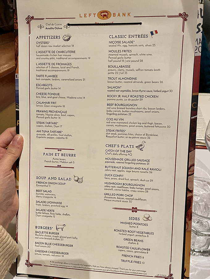 The menu reads like a love letter to French classics. Just try scanning it without involuntarily saying "ooh la la" at least once.
