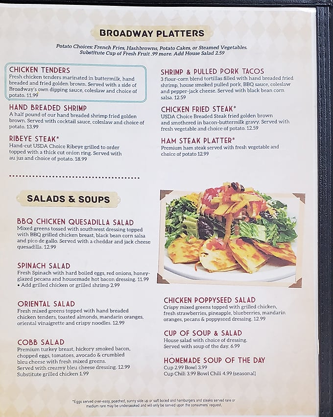 The menu reads like a love letter to American comfort food classics. Each description promises a plate of nostalgia served with a side of satisfaction.