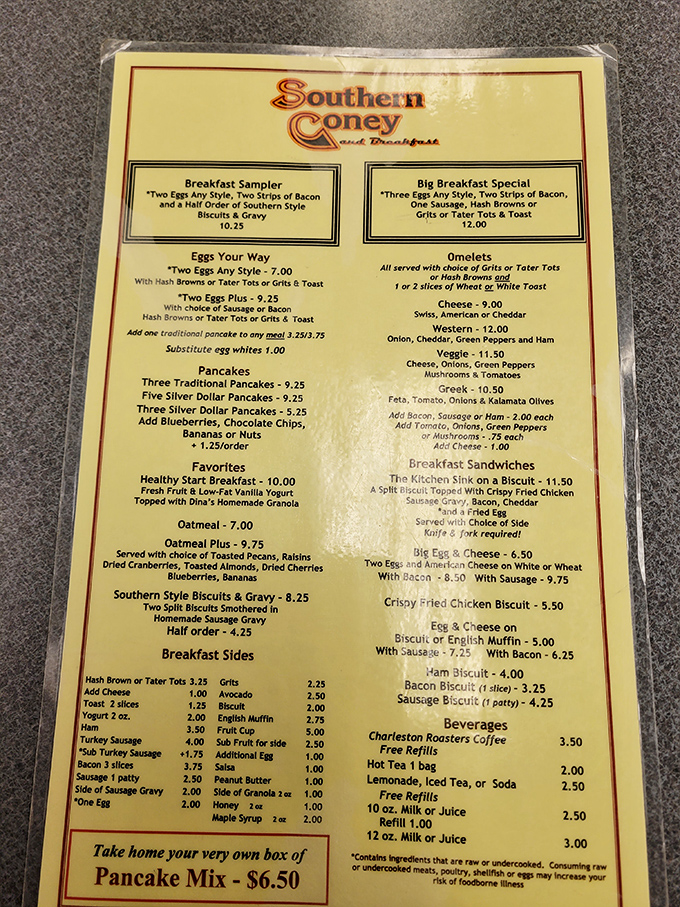 A menu that reads like a love letter to breakfast classics. No trendy avocado toast in sight, just honest-to-goodness morning favorites at prices that won't ruin your vacation budget.