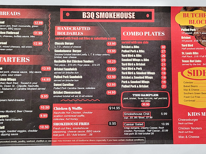 This menu isn't just a list of options—it's a roadmap to happiness. Each item represents hours of smoking, seasoning, and perfecting the art of barbecue.