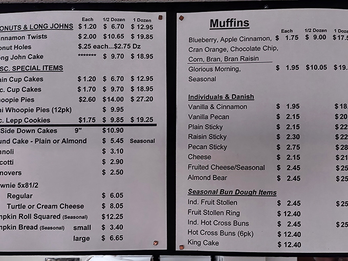 This menu isn't just a list—it's a roadmap to happiness. Notice how "Long Johns" get top billing, like the headliner at a carbohydrate concert.