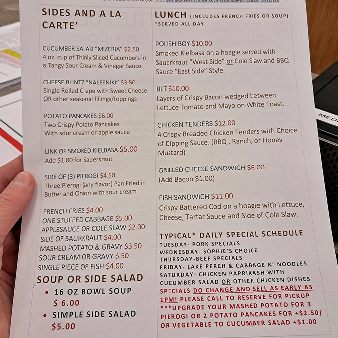 This menu reads like a love letter to Polish cuisine. Saturday's chicken paprikash special is circled in red for good reason&mdash;it's the crown jewel.