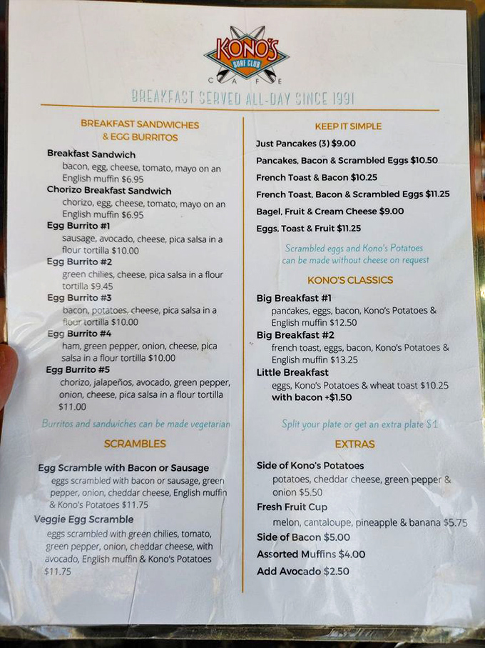 A menu that doesn't need fancy fonts or pretentious descriptions. Just straightforward breakfast bliss that's been satisfying San Diegans since 1991.