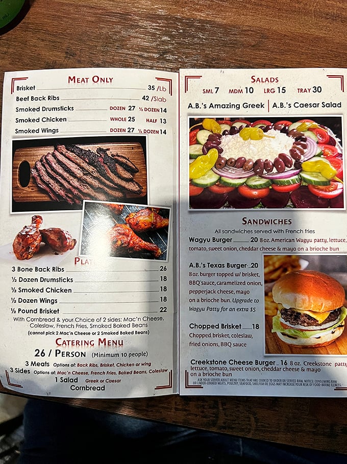 The menu at A.B.'s reads like barbecue poetry&mdash;brisket, ribs, and smoked chicken taking center stage while the supporting cast of sides waits in the wings.