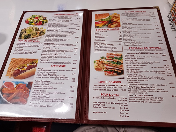 The menu at Lori's doesn't just list food&mdash;it's a roadmap to comfort. Each page promises a delicious detour from your diet plans.