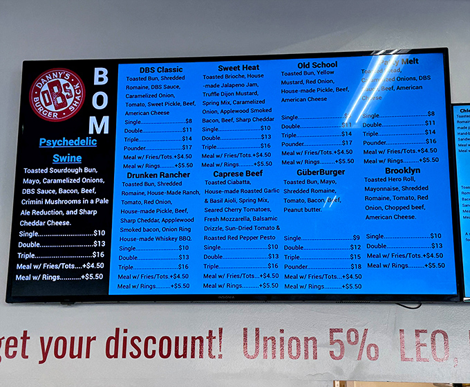 The menu board reads like a love letter to burger enthusiasts. Decision paralysis has never been so delicious.