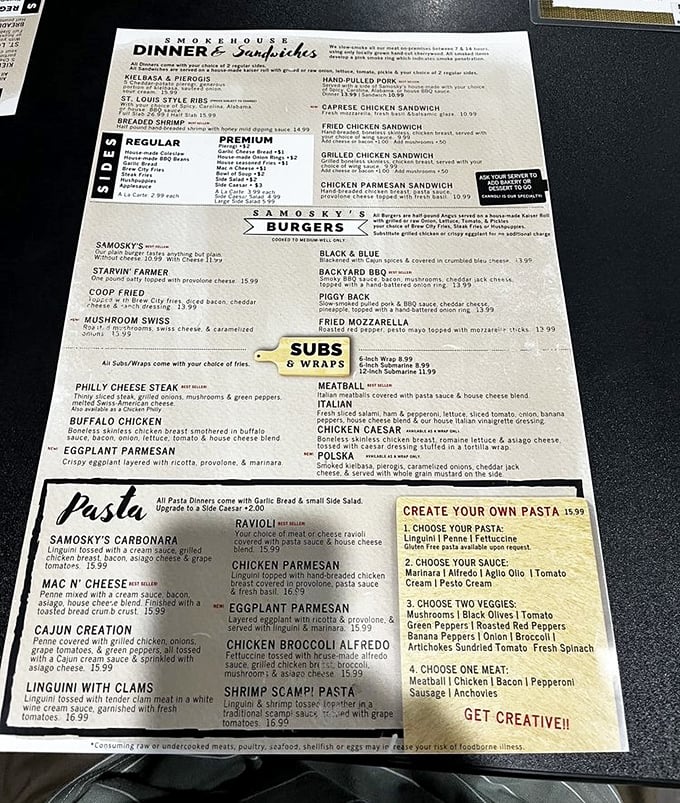 This menu isn't just a list of options&mdash;it's a maritime treasure map where X marks the spot for those legendary clam strips and seafood delights that have kept locals coming back for decades.