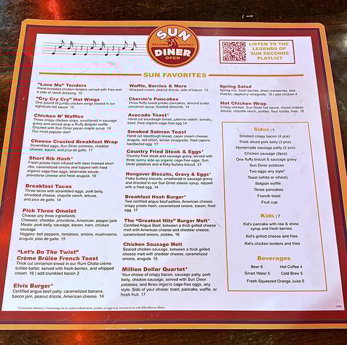 The menu reads like a greatest hits album of comfort food classics, each dish named with the perfect musical wink.