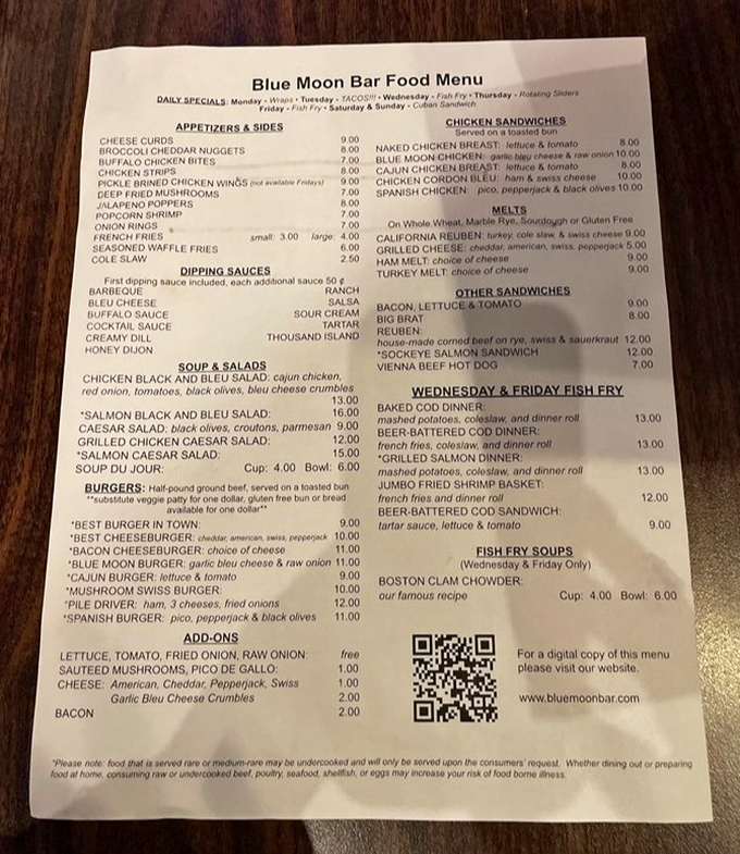 This menu reads like a love letter to Wisconsin comfort food, with cheese curds proudly claiming their rightful place at the top of the appetizer section.