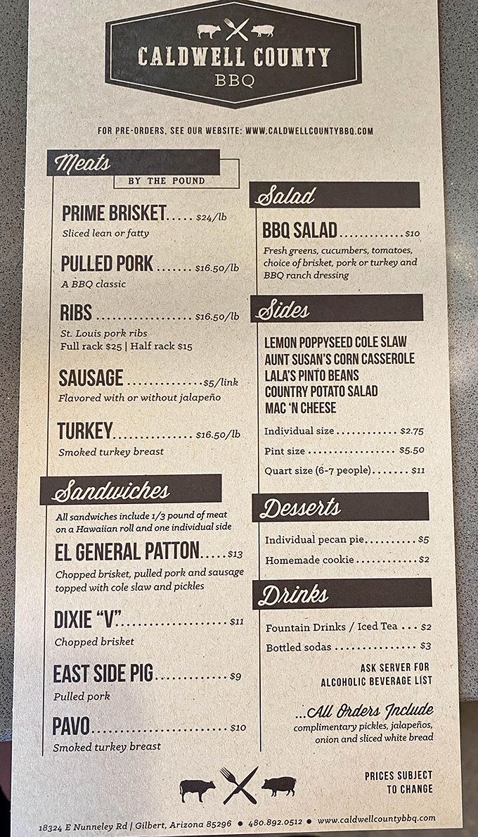 The menu tells you everything you need to know: meat is the star, sides are the supporting cast, and your stomach is about to be very happy.