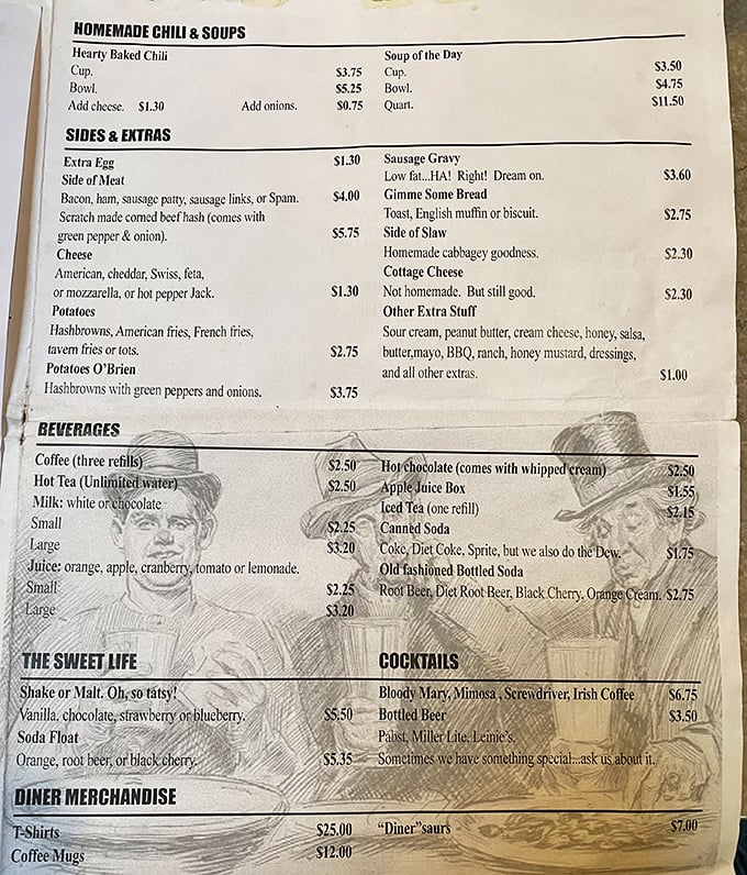 A menu that tells it like it is&mdash;note the sausage gravy description: "Low fat...HA! Right! Dream on." Honesty tastes better than pretension any day.