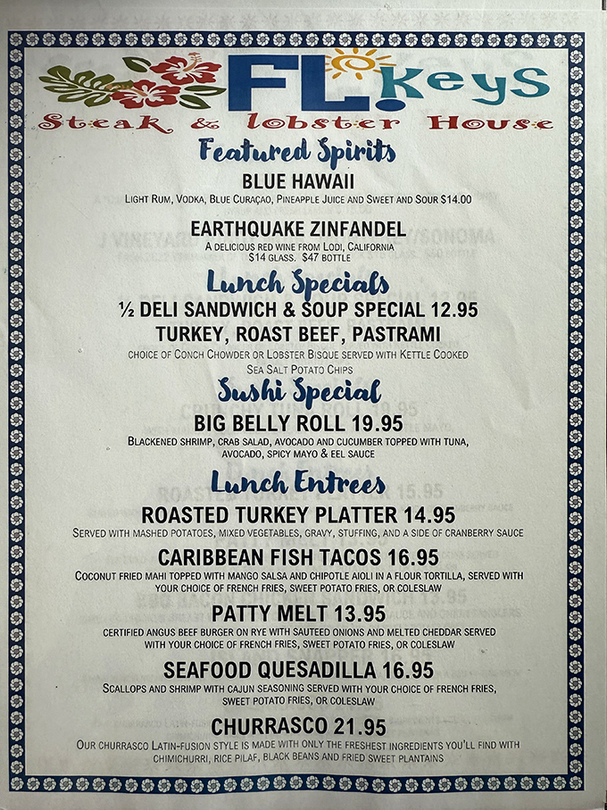 This menu isn't just a list of food&mdash;it's a roadmap to culinary bliss where Caribbean fish tacos and Latin-fusion churrasco share equal billing with classic steakhouse fare.