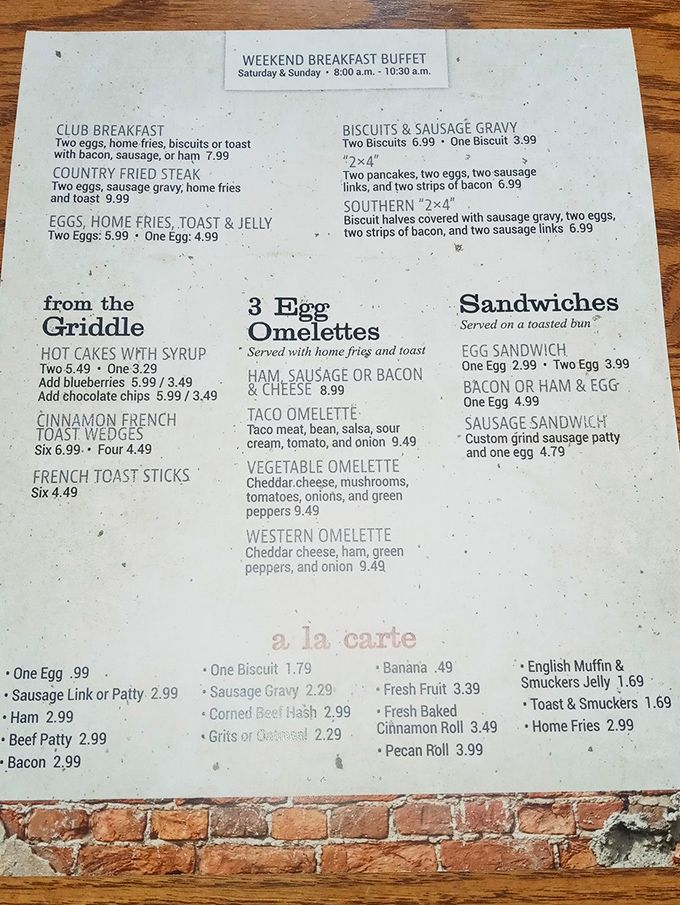 This menu reads like a love letter to Midwest comfort food. The "2×4" breakfast alone could fuel you through harvesting an entire cornfield.